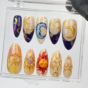 Celestial Sun and Moon Press on Nails | Gold Star Almond Nail Art ...