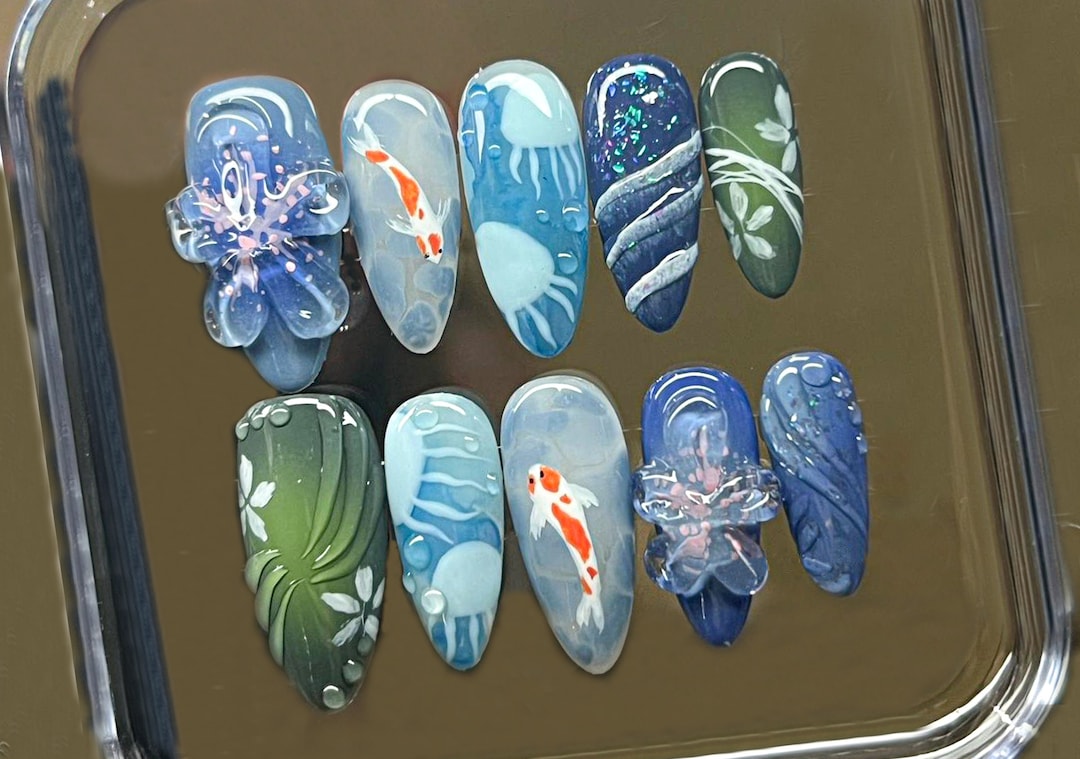 Ocean-inspired Press on Nails With 3D Oceanic | Y2k Nails | Ocean Nails ...