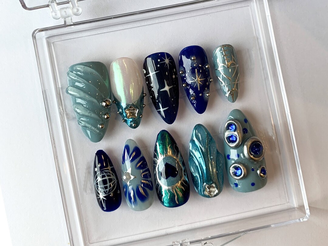 Acubi-style Press on Nails | Deep Blue Ombre | 3D Freestyle Handpainted ...