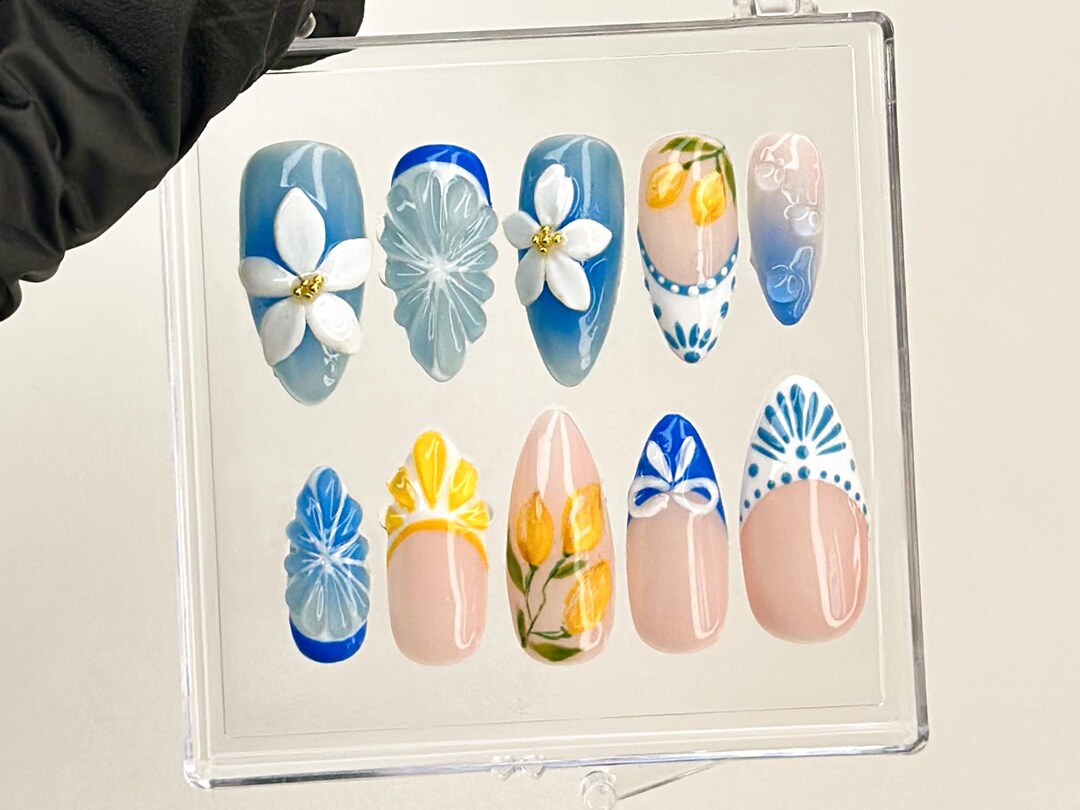 Hand-painted Blue Floral & Lemon Press-on Nails | 3D Flower and Bow ...