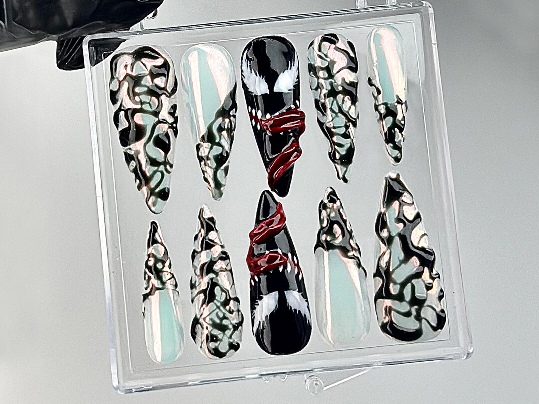 Venom-inspired Press on Nails | Black and Silver Symbiote Fake Nails ...