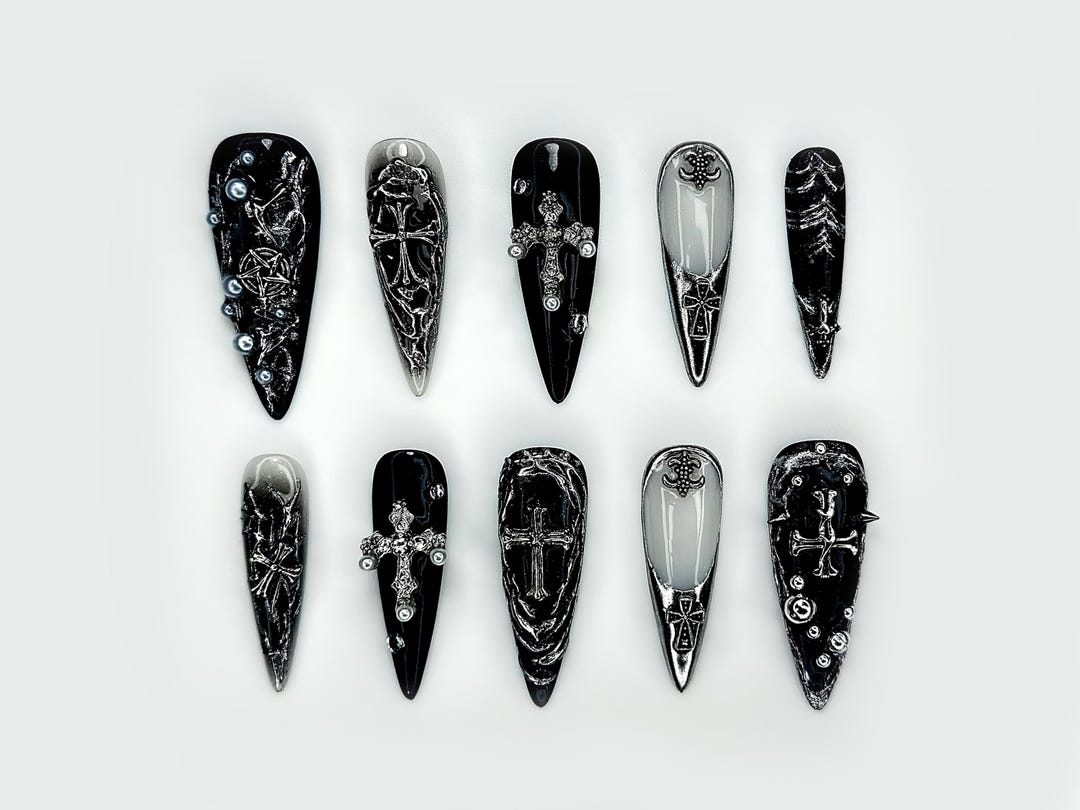 Gothic Cross Elegance Press on Nails | Black & Silver 3D Nail Art ...