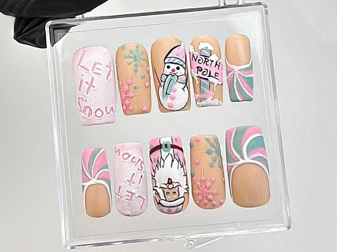 Christmas Press on Nails Snowman & Candy Cane Nail Art Winter Themed ...
