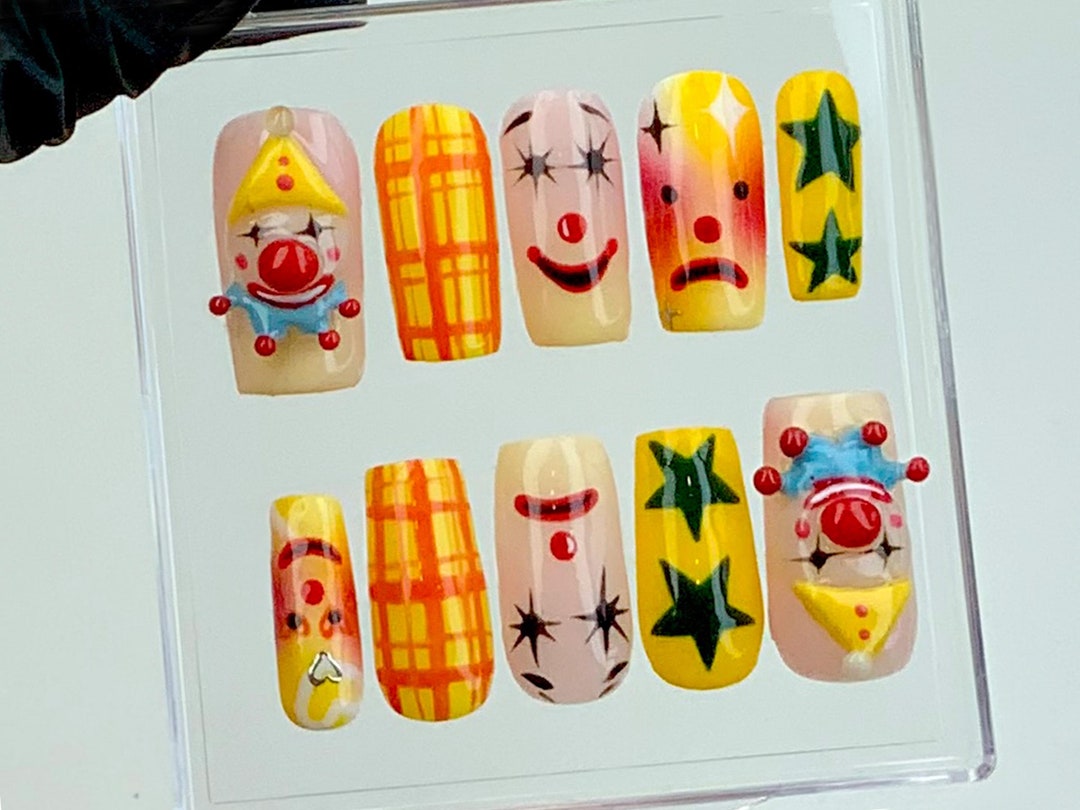 Quirky Clown Faces Press-on Nails | Hand-painted Circus Nail Art | Fun ...