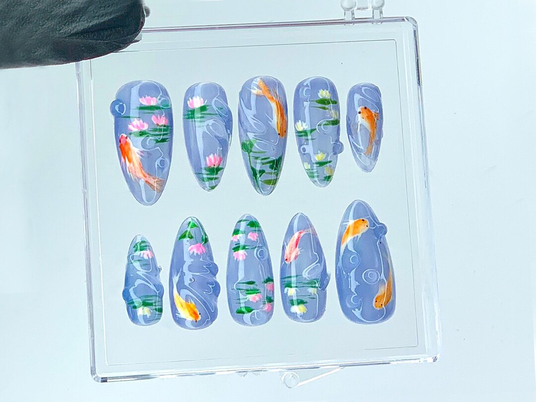 Koi Pond Nails - Japanese Art Press on Nails | Water Lily Koi Nail Art ...