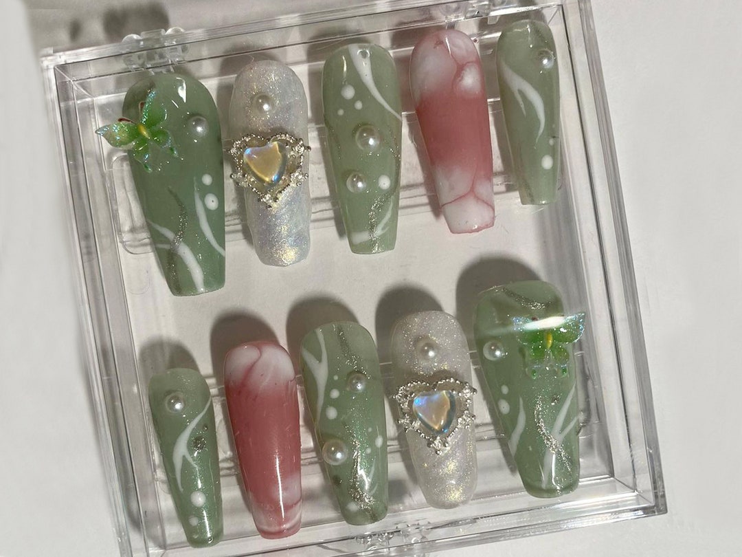 Nature-inspired Green Nail Set | Premium Nail Art With 3D Design ...
