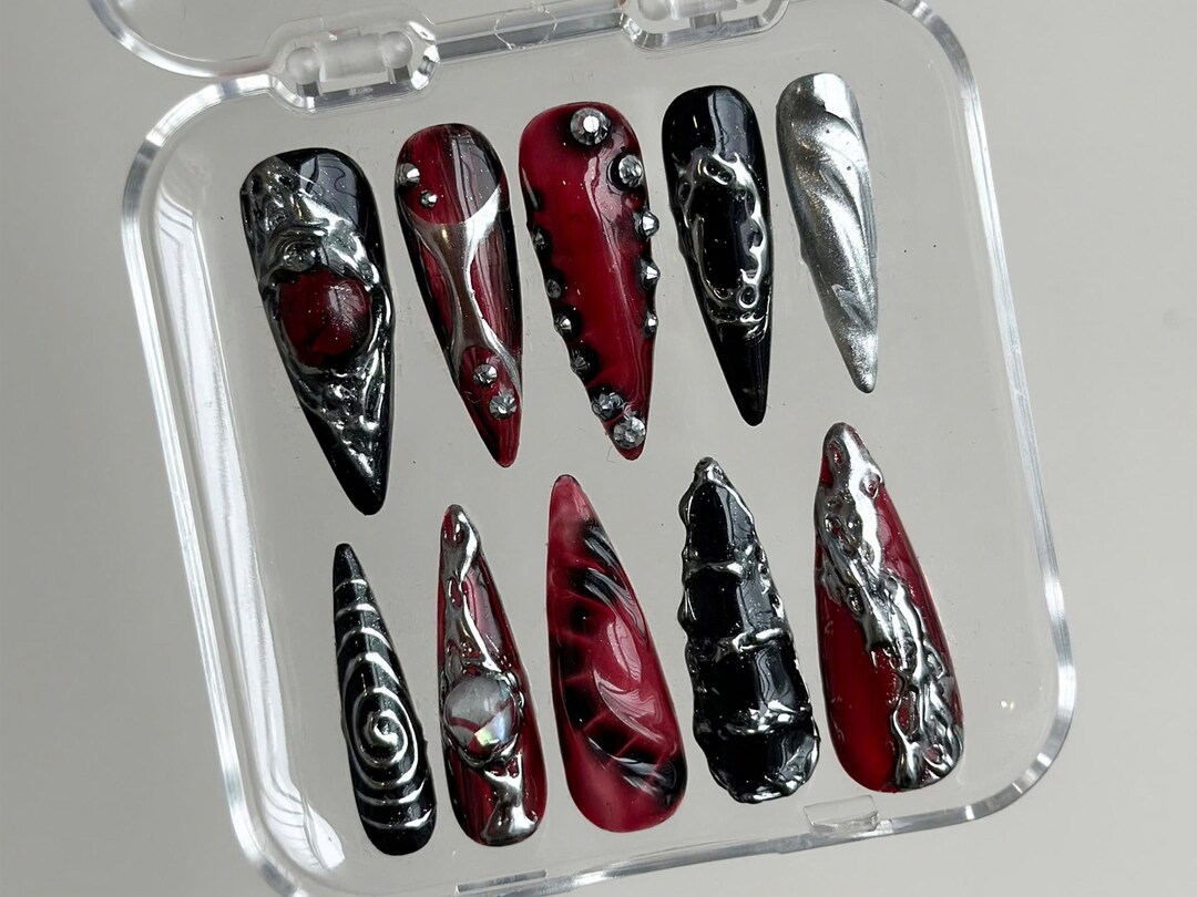 Edgy Metallic Long Stiletto Nails | Gothic Metallic Red and Black Nail ...