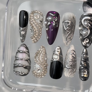 Mechanic Press on Nails Cool Girl Nail Punk Nail Black & Sliver Nails ...