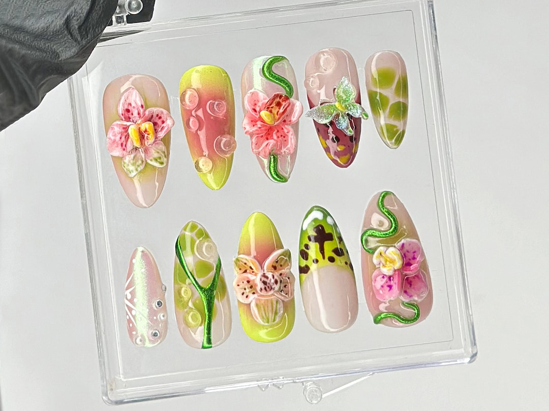 Floral Orchid Press on Nails | Intricate Flower and Leaf Patterns on ...