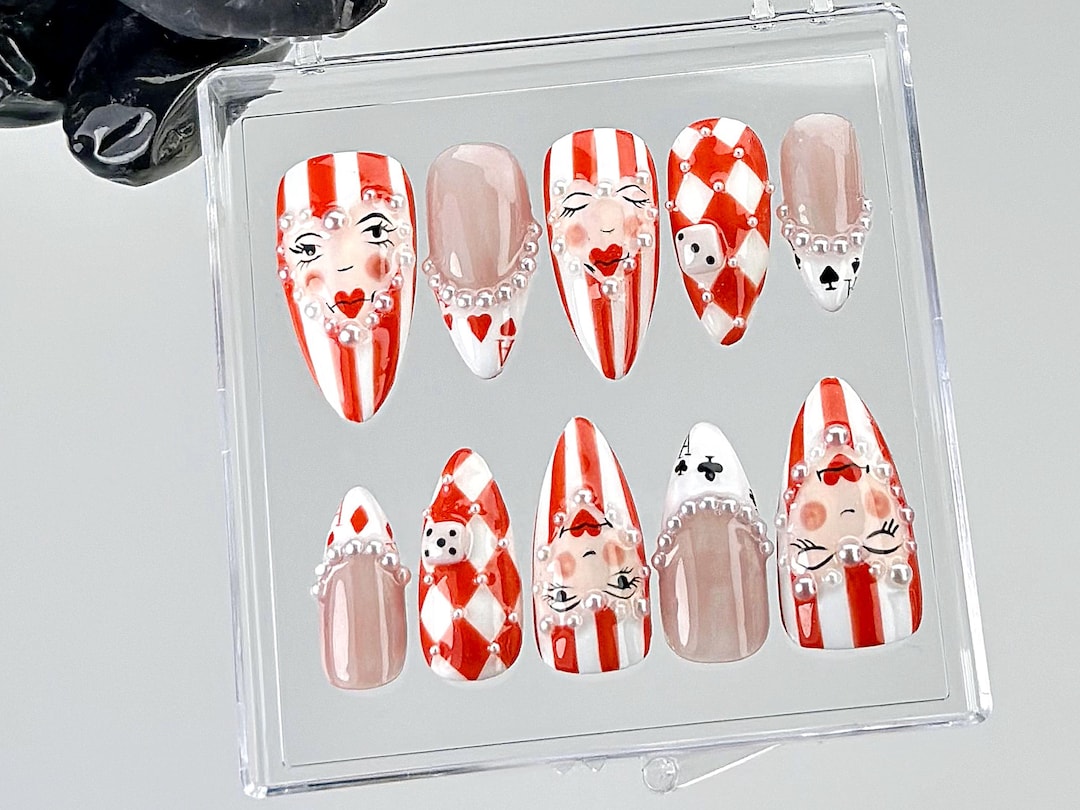 Harlequin Carnival Press on Nails | Circus Clown Fake Nails | Red White ...