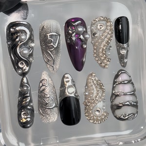 Mechanic Press on Nails Cool Girl Nail Punk Nail Black & Sliver Nails ...