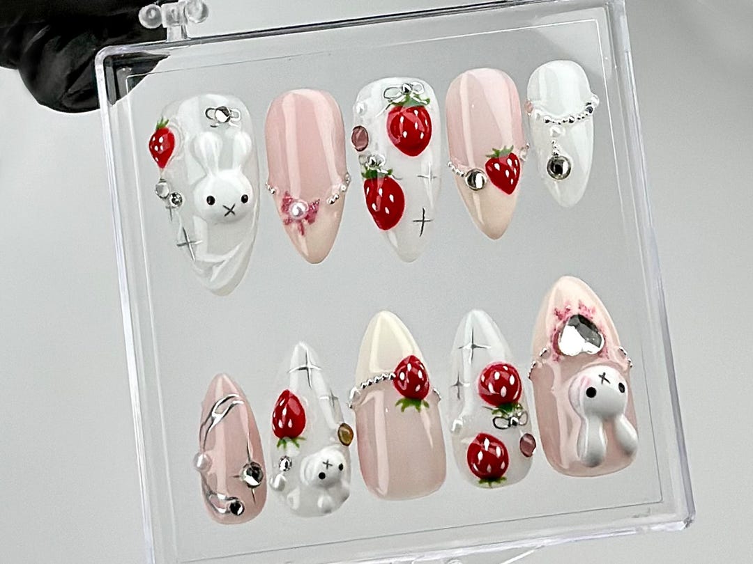 Whimsical Bunny Press on Nails | Kawaii Strawberry Bunny Fake Nails | Strawberry-themed Press ...