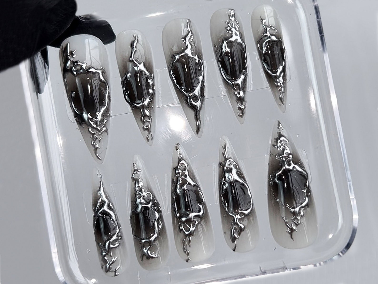 Mystical White Press on Nails Black Enigmatic Patterns Artistic Nails ...