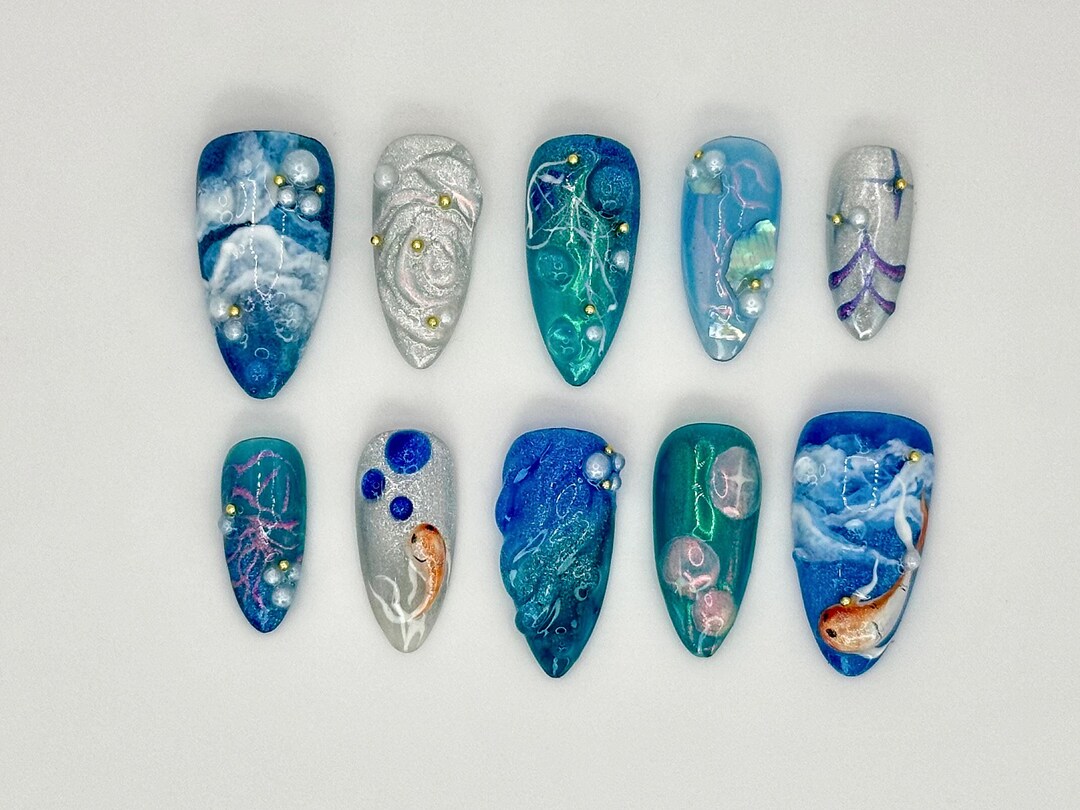 Ocean-inspired Short Press on Nails | Underwater-themed Nail Art ...