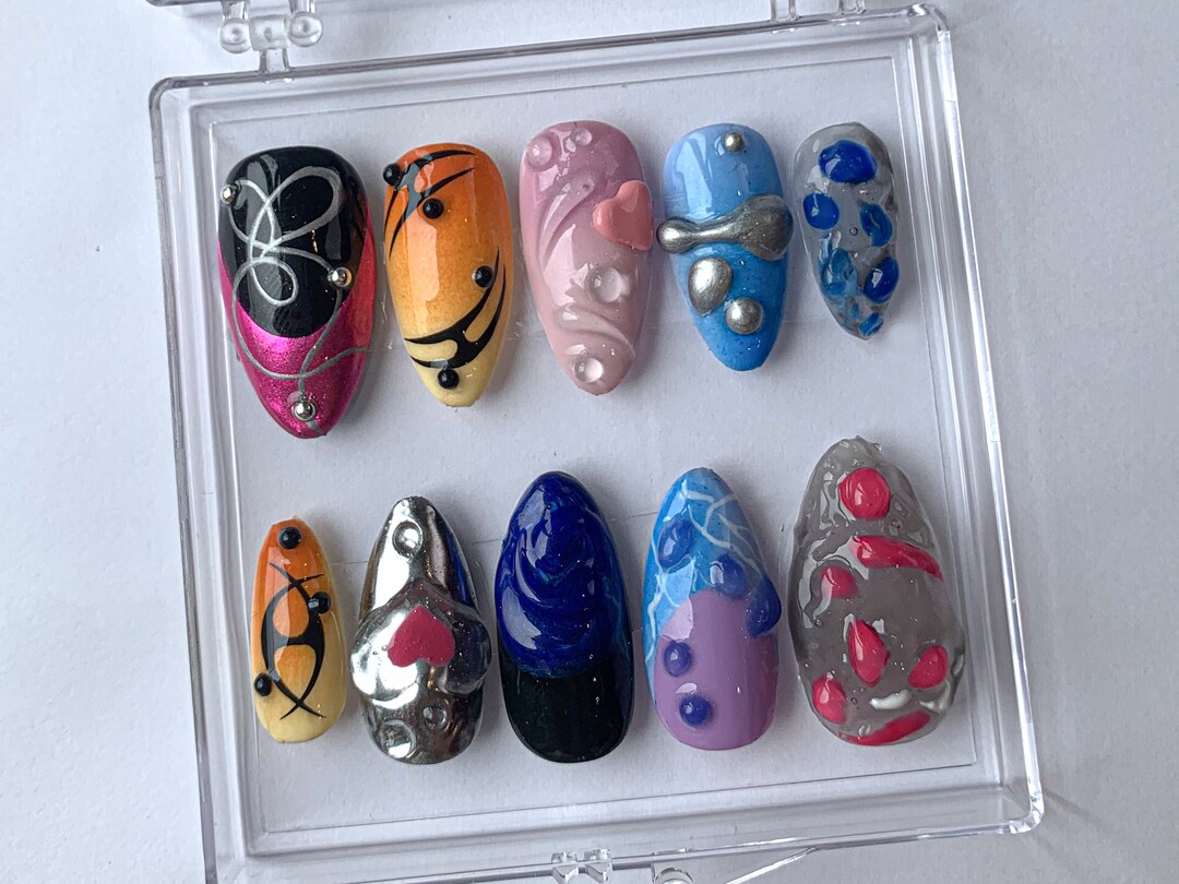 Artistic Press-on Nails With Abstract Designs Handcrafted Colorful on ...
