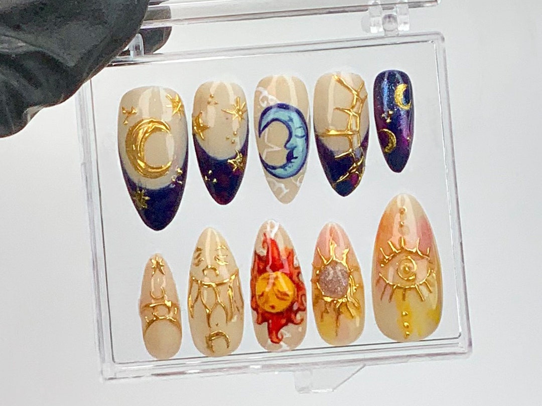 Celestial Sun and Moon Press on Nails | Gold Star, Cosmic Eye Design ...