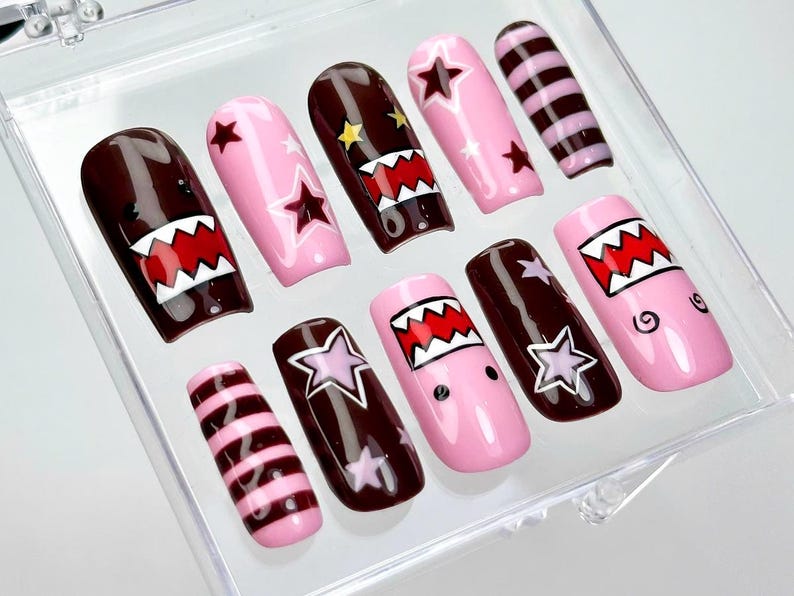 Kawaii Pink Monster Press on Nails | Domo Character Nail Art | Pink ...