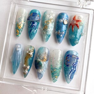 Blue Ocean-inspired Press on Nails Cute Jellyfish Designs Adorable ...