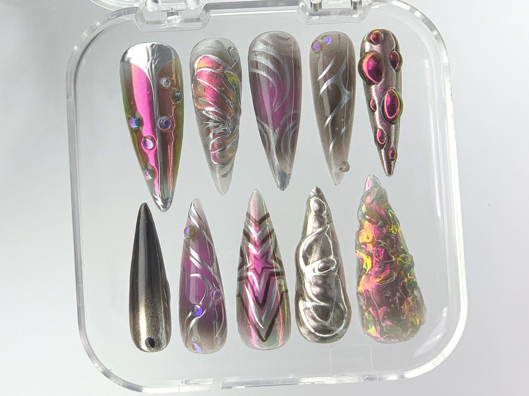 Futuristic Metallic Press on Nails | Unique 3D Holographic Fake Nails ...