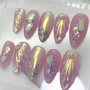 Pink Shell Press on Nails With Unique 3D Gel and Elegant Gemstones ...