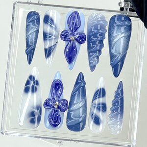3D Floral Fantasy Press on Nails | Midnight Blue Acrylic Nail Art ...