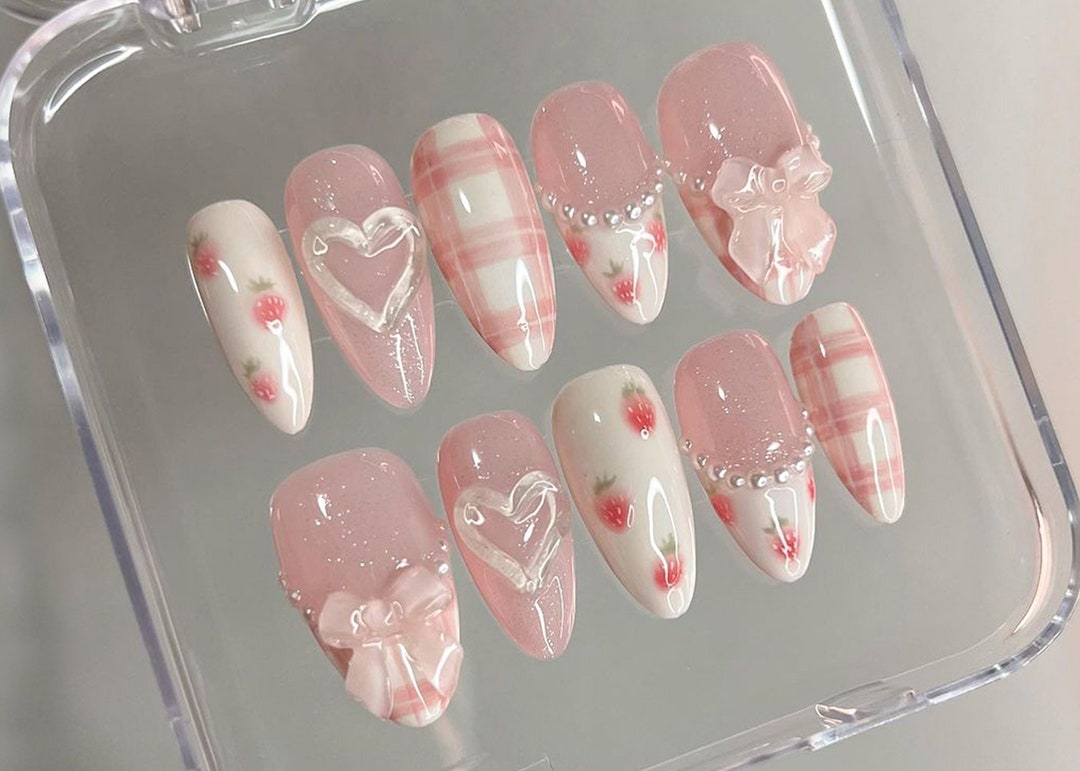 Dreamy Pink Press on Nails | Nail Set With Strawberry Design | Cute Bow ...