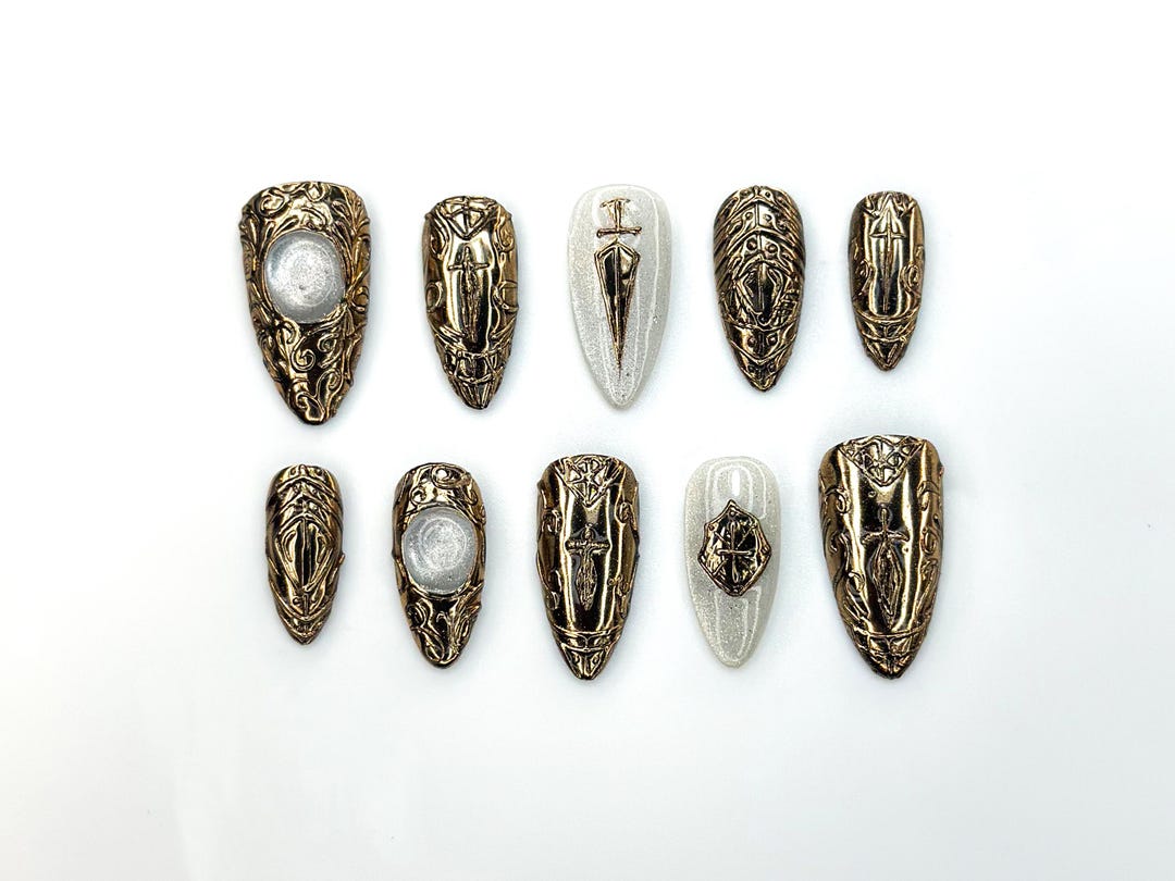 Golden Knight Press on Nails | Antique Bronze Sword & Shield Nail Art ...