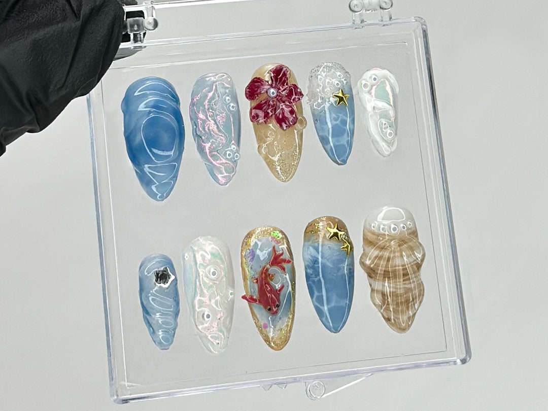 Ocean-inspired Press on Nails | 3D Sea Shell and Starfish Ocean Nails ...