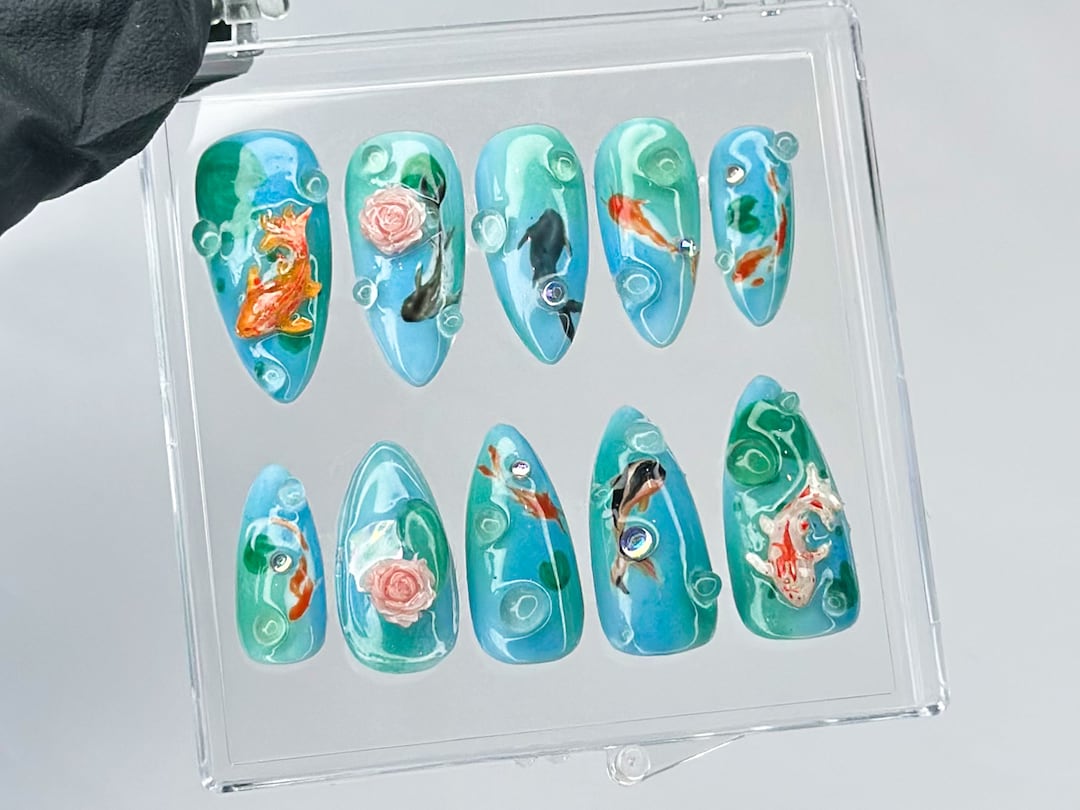 Ocean-inspired Press on Nails | Hand Painted Koi Fish Nail Art ...