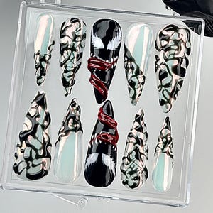 Venom-inspired Press on Nails | Black and Silver Symbiote Fake Nails ...