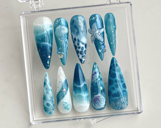 Ocean-inspired Press on Nails | Hand Painted Koi Fish Nail Art | Blue ...