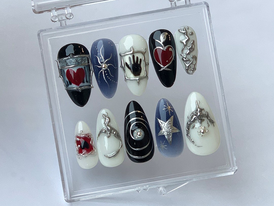 Cool Gothic-inspired Press on Nails | Goth Dark Blue Almond Nails ...