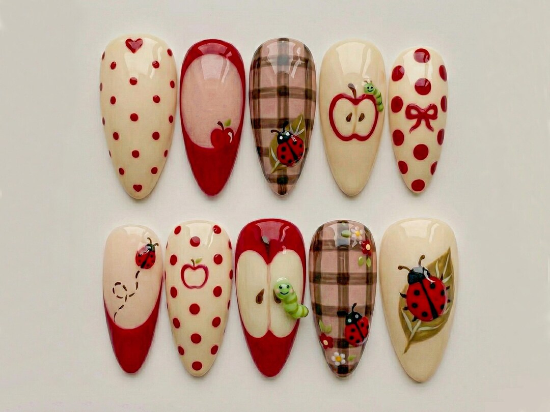 Handmade Cottagecore Press on Nails | Cherry Picnic, Ladybug Gingham ...