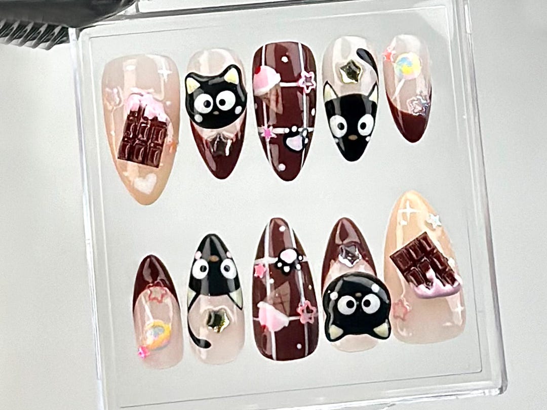 Cute Chocolate & Kitty Press on Nails | Adorable 3D Chocolate Cat Fake ...