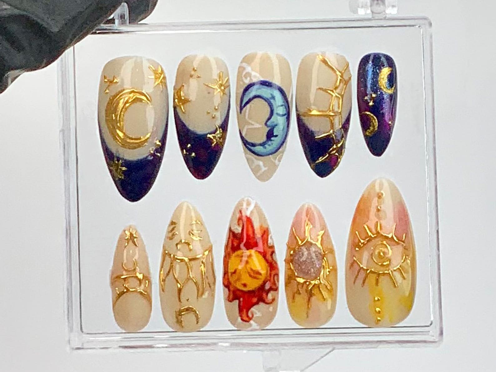 Celestial Sun and Moon Press on Nails | Gold Star Almond Nail Art ...
