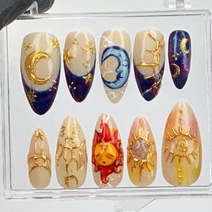 Celestial Sun and Moon Press on Nails | Gold Star Almond Nail Art ...