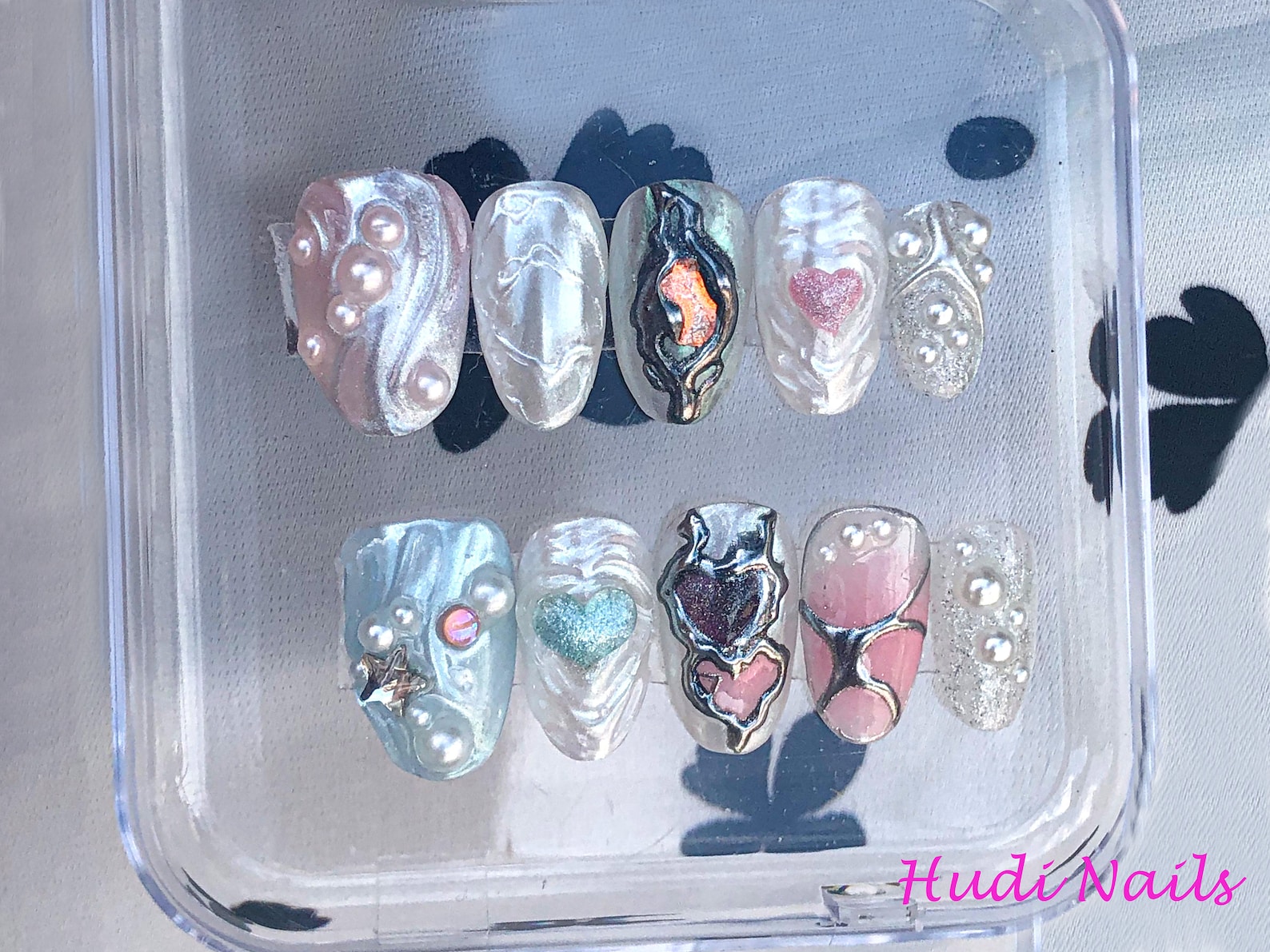 3D Heart Gel Press on Nails Unique Dazzling Star Charm & 3D Heart ...