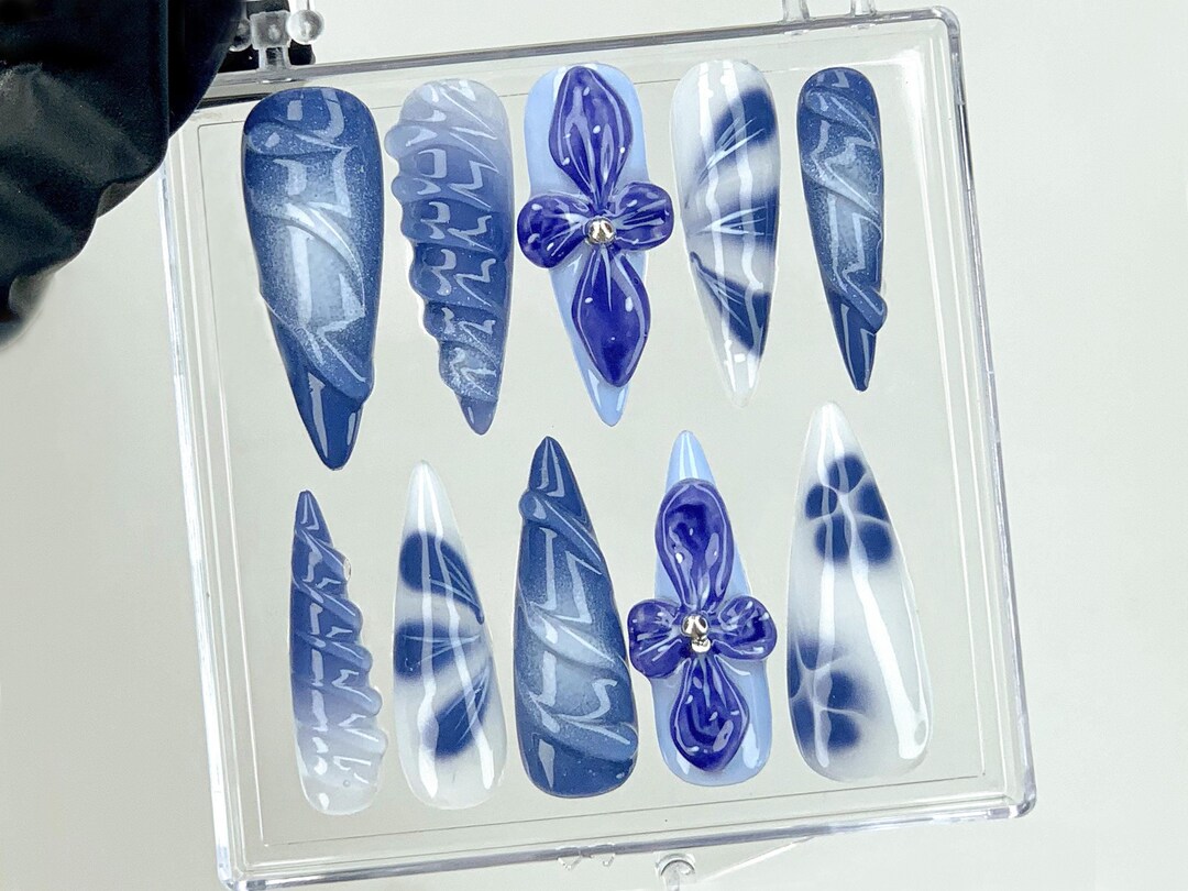 3D Floral Fantasy Press on Nails | Midnight Blue Acrylic Nail Art ...