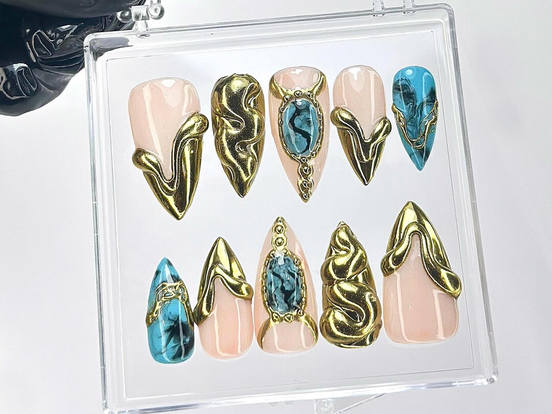 Metallic Turquoise Gold Press on Nails | 3D Sculpture Nail Art HB833YC ...
