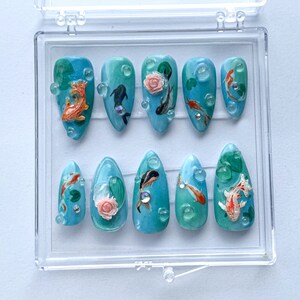 Ocean-inspired Press on Nails | Hand Painted Koi Fish Nail Art | Blue ...