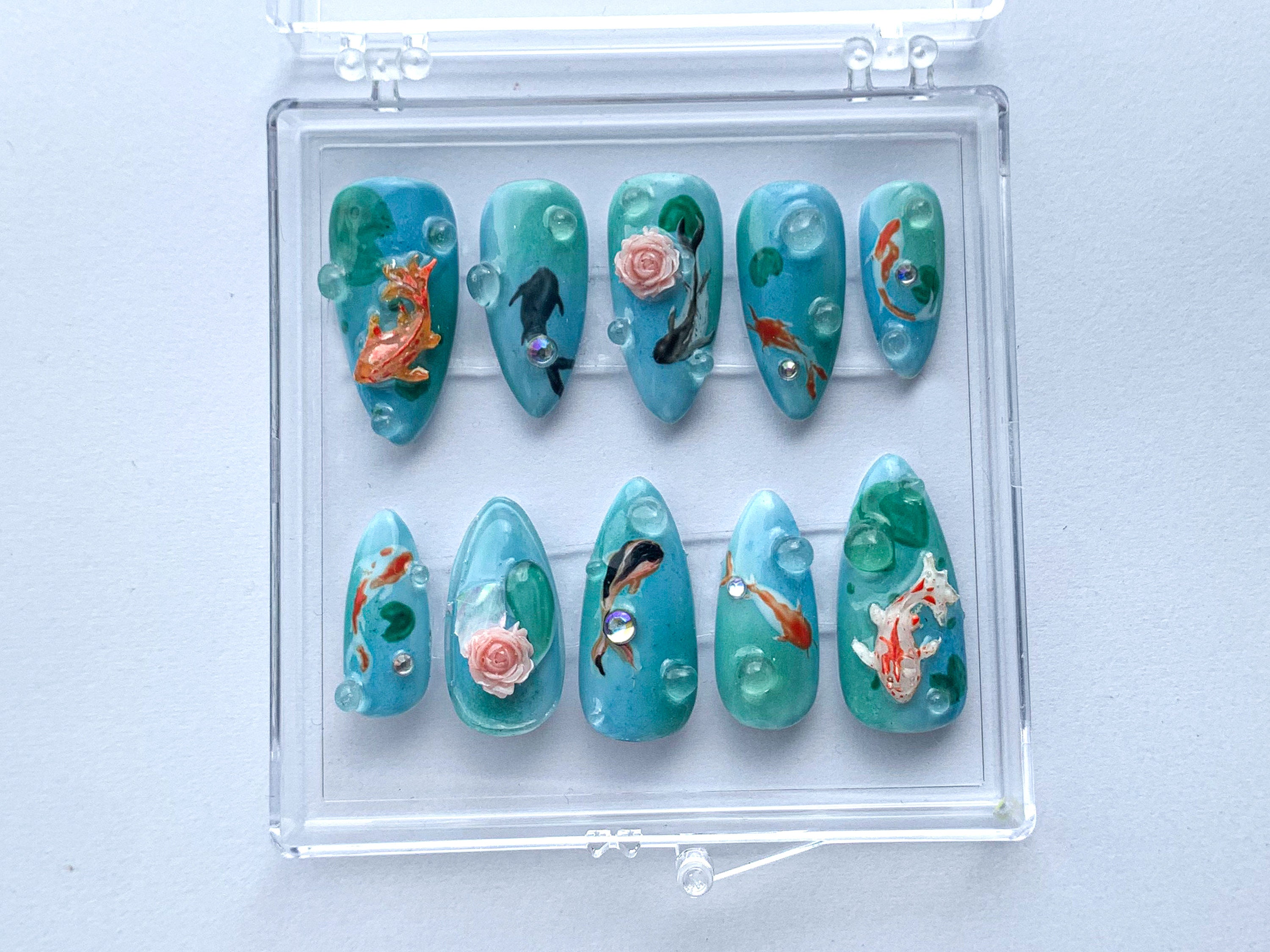 Ocean-inspired Press on Nails | Hand Painted Koi Fish Nail Art | Blue ...