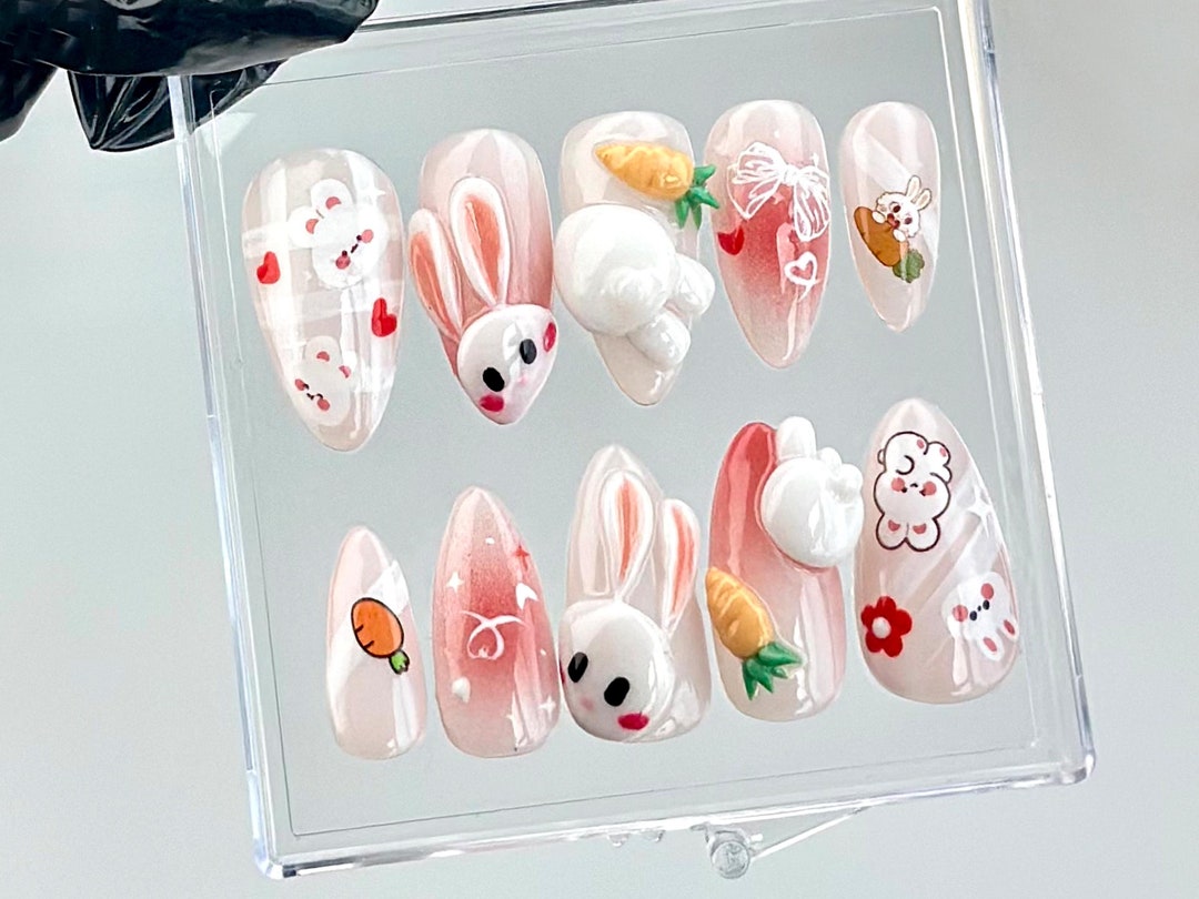 3D Bunny Press-on Nails | Almond, Carrot Nail Art HB728YC - Etsy