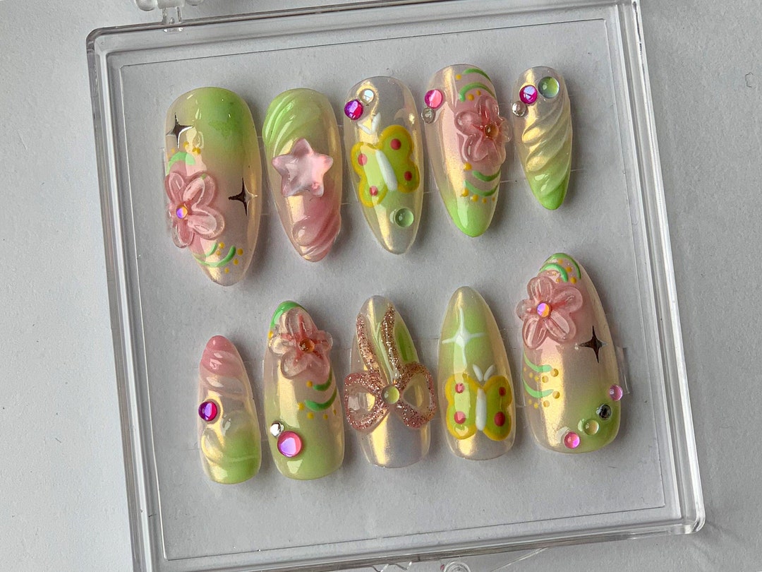 Spring Blossom Press on Nails | Hand-painted Floral Nail Art | Vibrant ...