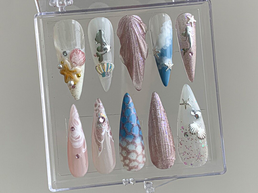 Ocean-inspired Press on Nails Mermaid Images and Pearl Charms on Fake ...
