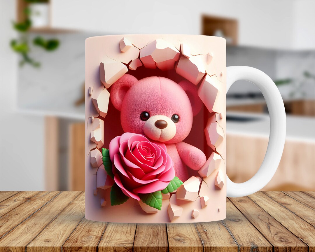 3D Teddy Bear Hole in A Wall Mug Wrap, 11oz & 15oz Mug Template, 3D Mug ...