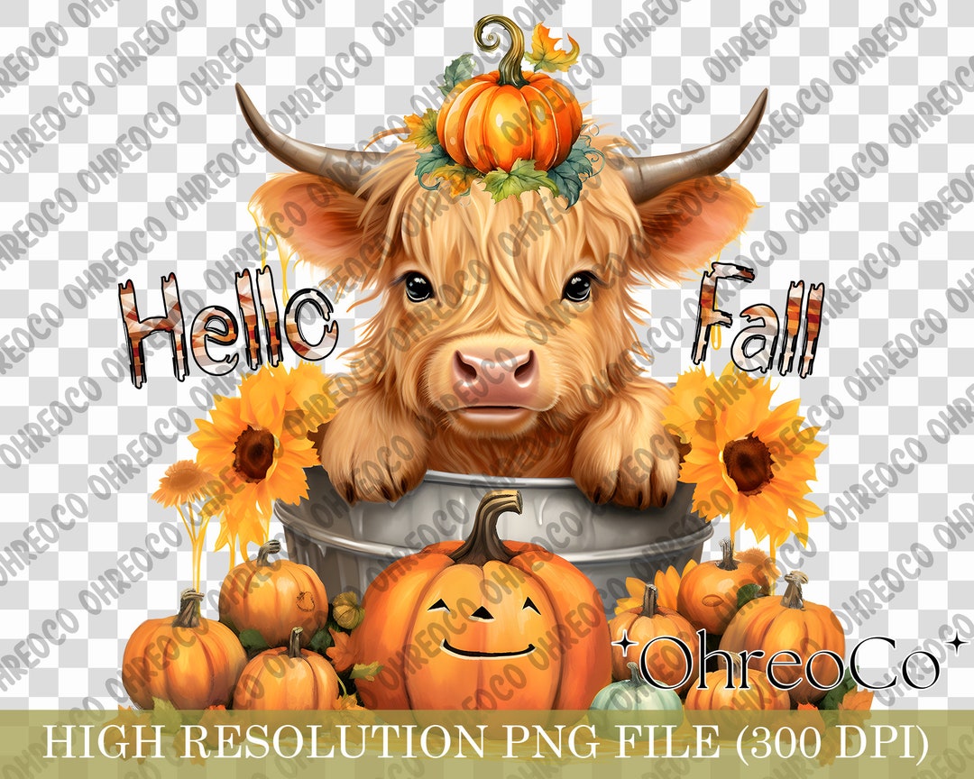 Highland Cow Png, Hello Fall Highland Cow Png Sublimation Design ...