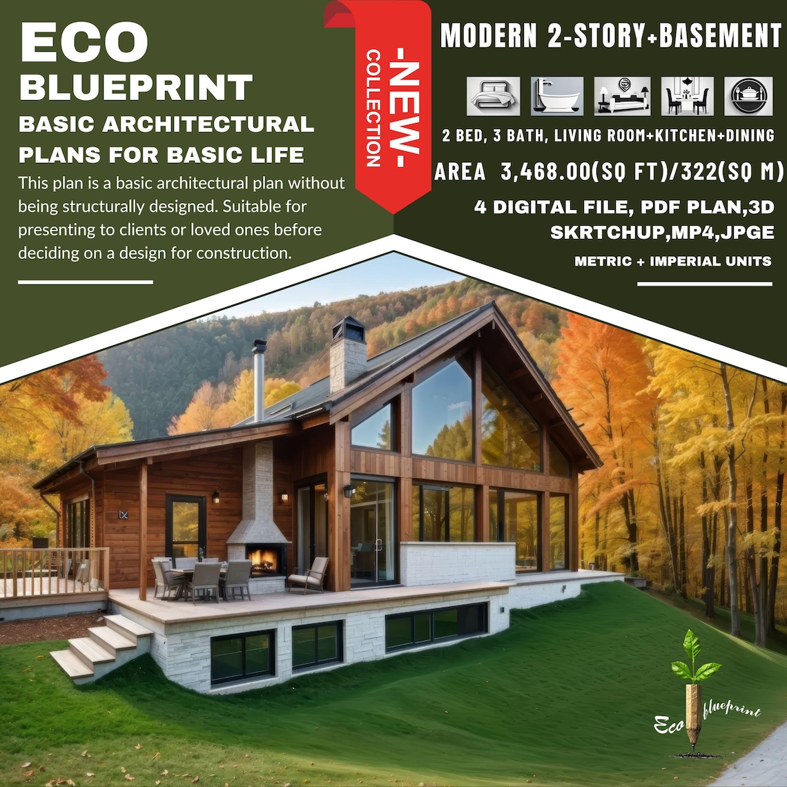 2-story House Plan With Basement & Attic: 2 Bed, 3 Bath (PDF Plan No ...