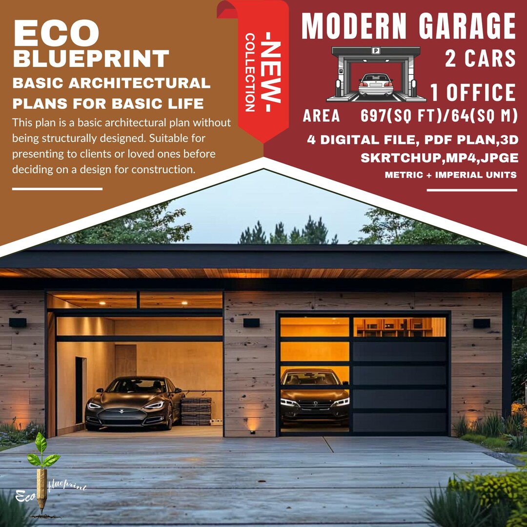 PG5. Modern Garage Ready!! (*PDF ,3D Skrtchup,mp4,jpg*) Basic Blue Print Architecture for 2 Cars ...