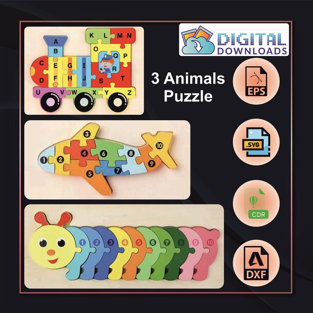 3 Pcs Laser Cut Kids Puzzle, Jigsaw Puzzle Svg, Laser Cut Puzzle Set ...