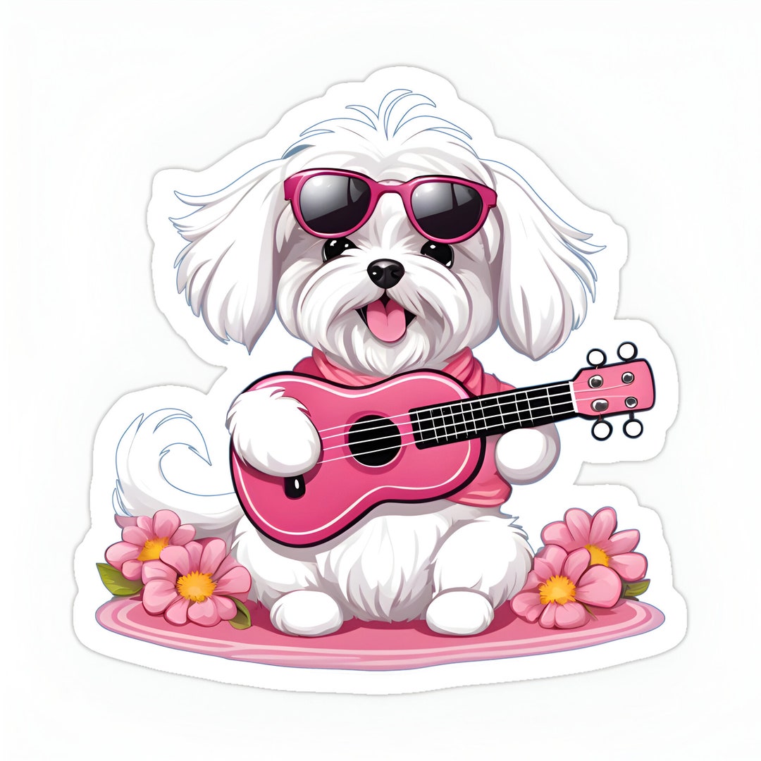 Cute Maltese Sticker, Maltese Playing Guitar Sticker, Cute Dog Sticker ...